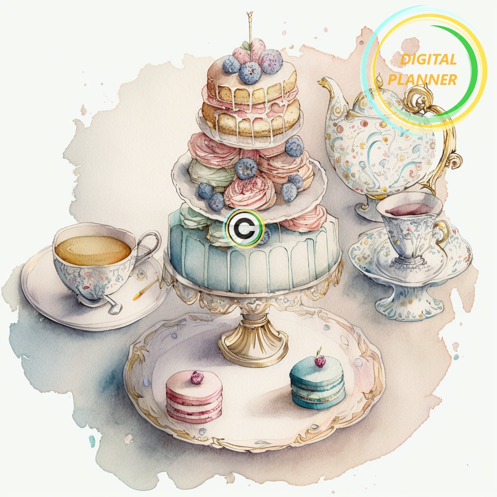 Watercolor Tea Party, Clipart, Commercial Card Making, Wall Art ...