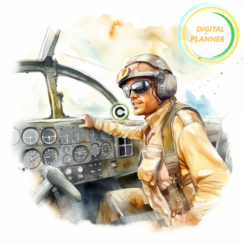 Watercolor Pilot in A Cockpit, Clipart, Card Making, Profesion, Wall ...