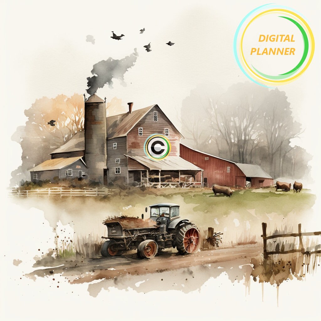 Watercolor Farm Scene, Clipart, Card Making, Wall Art Decoration ...