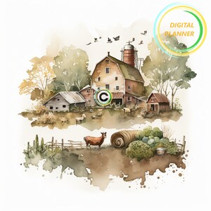 Watercolor Farm Scene, Clipart, Card Making, Wall Art Decoration ...