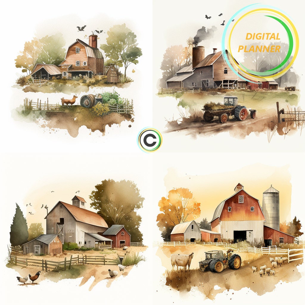 Watercolor Farm Scene, Clipart, Card Making, Wall Art Decoration ...