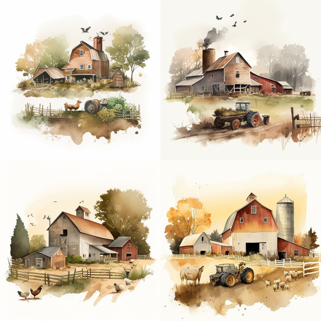 Watercolor Farm Scene, Clipart, Card Making, Wall Art Decoration ...