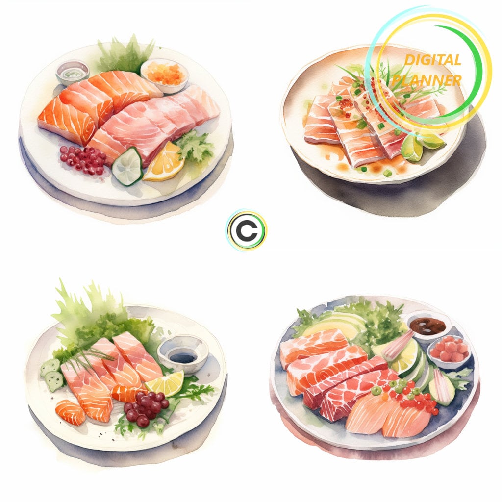 Watercolor Sashimi Plate Clipart Culinary Card Making Wall - Etsy