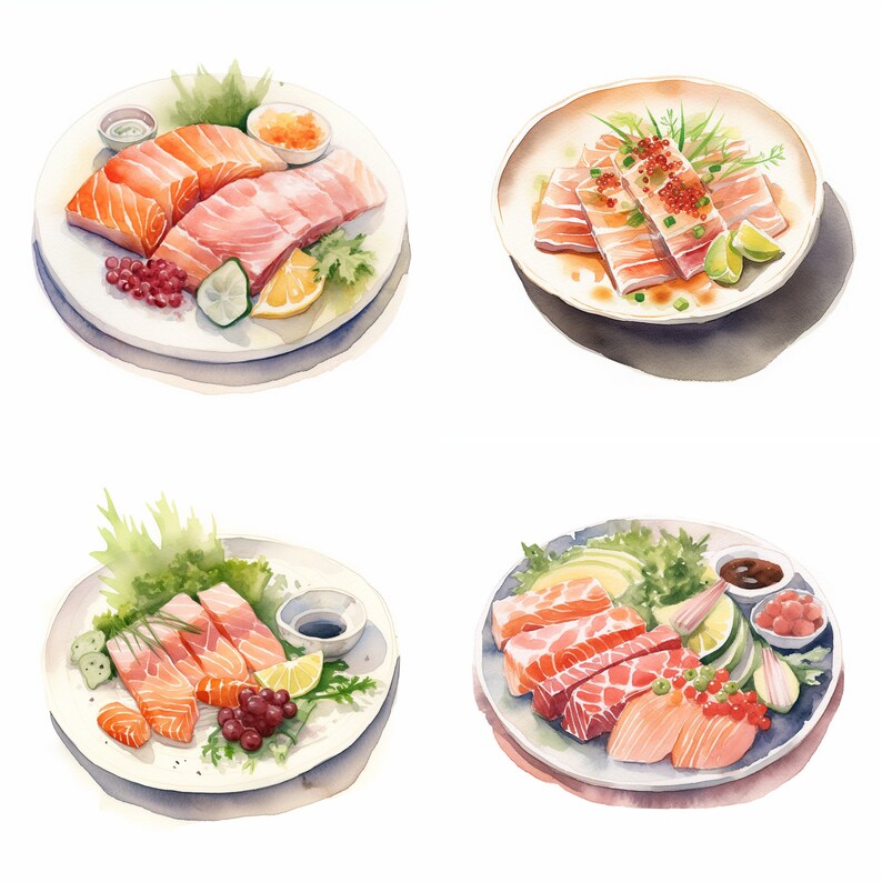 Watercolor Sashimi Plate Clipart Culinary Card Making Wall - Etsy