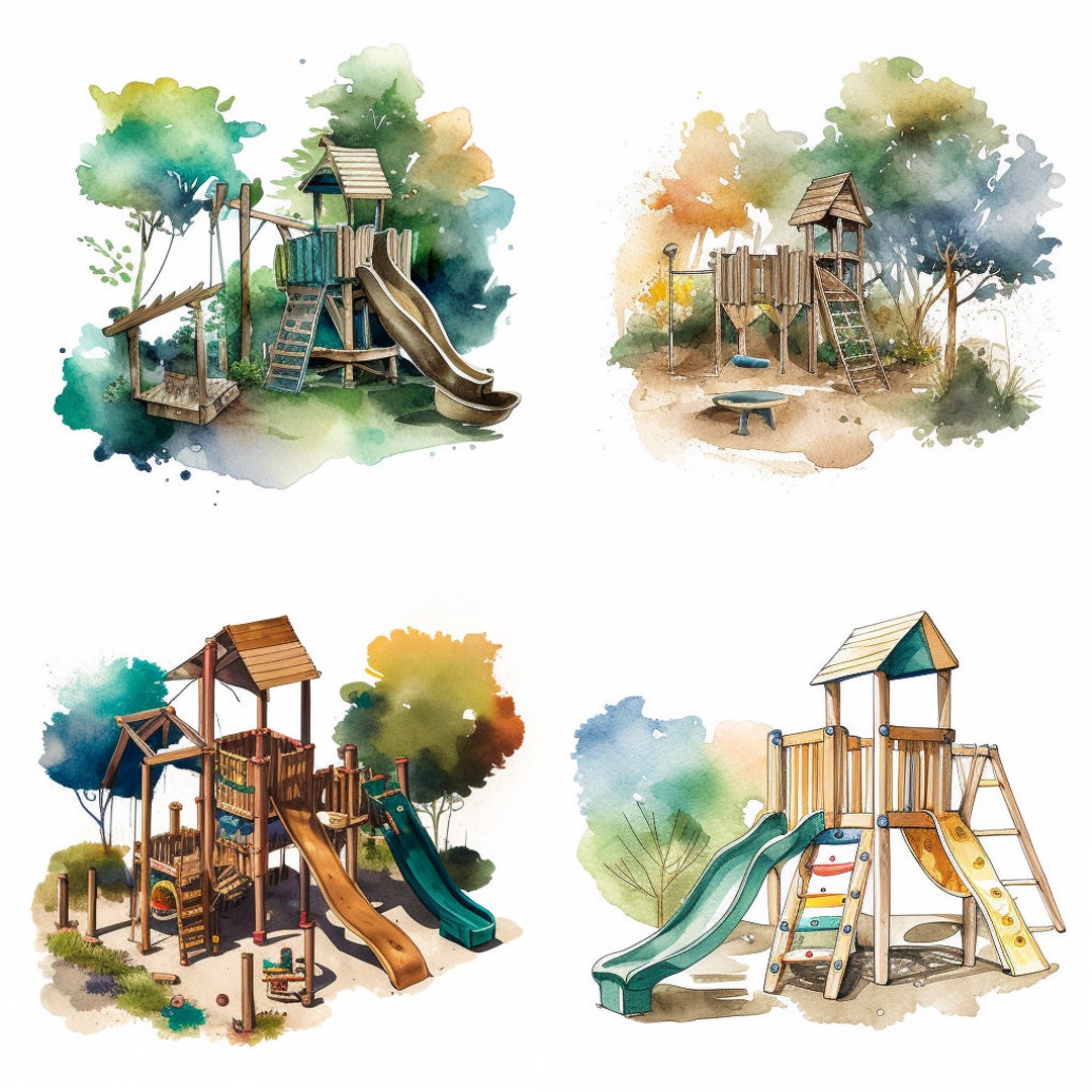 Outdoor Playset Watercolor Art Design, Kid Toys, Card Making, Wall Art ...