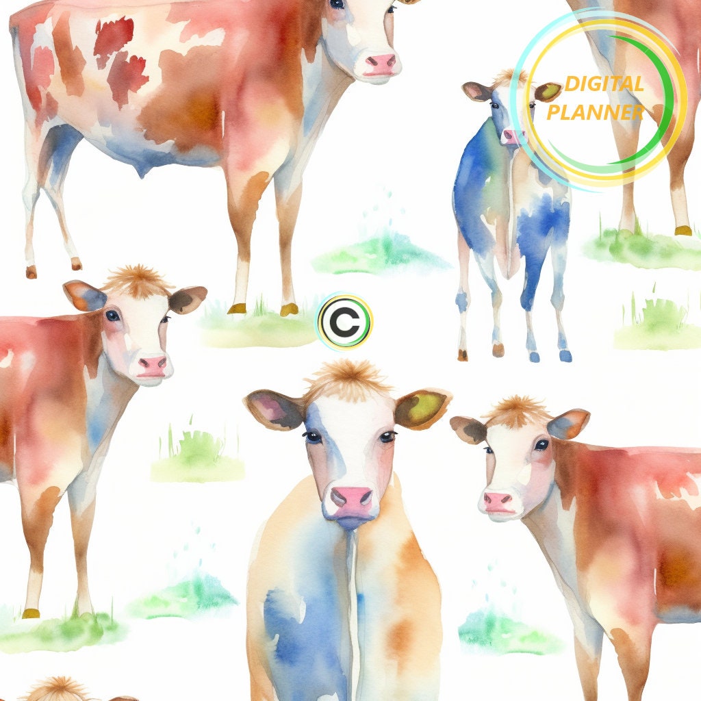 Watercolor Cow Pattern, Clipart, Wall Art Decoration, Animal, Printable Digital Download, Set of ...