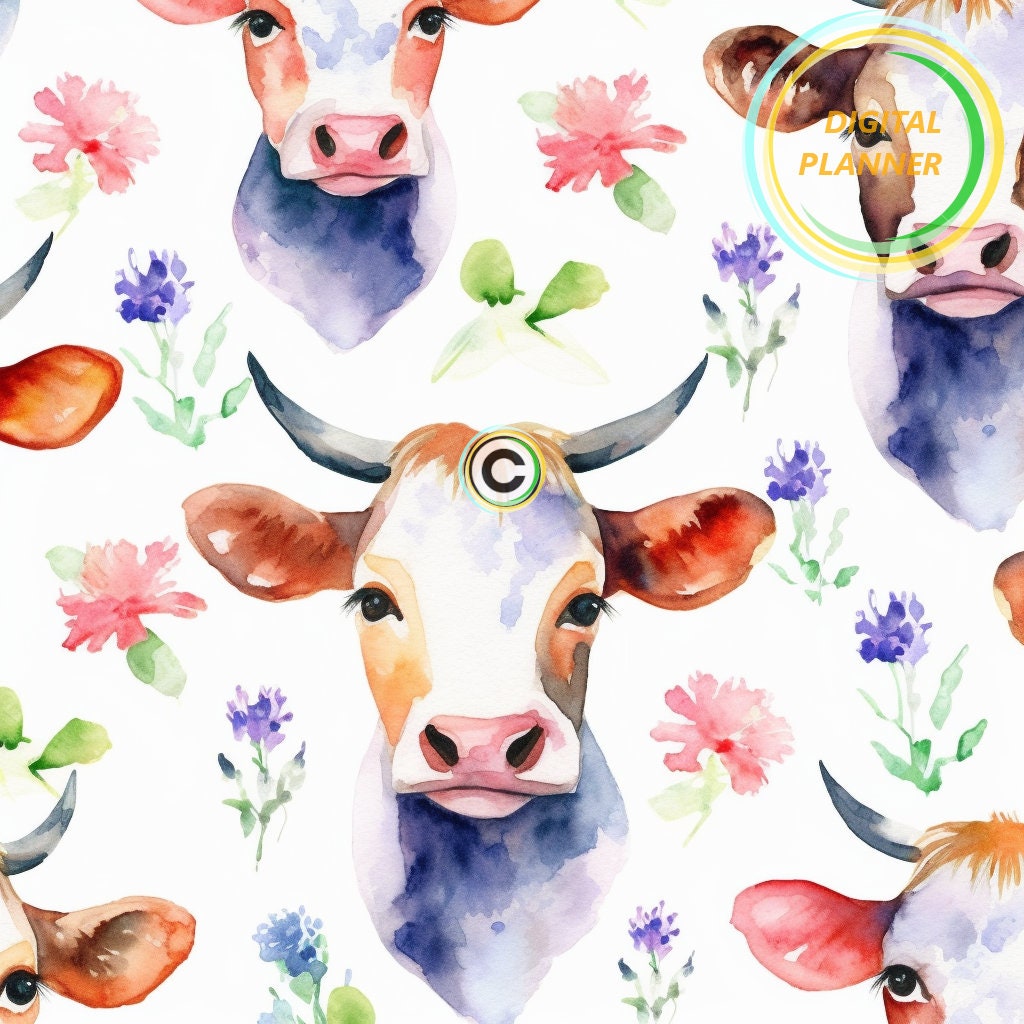 Watercolor Cow Pattern, Clipart, Wall Art Decoration, Animal, Printable Digital Download, Set of ...