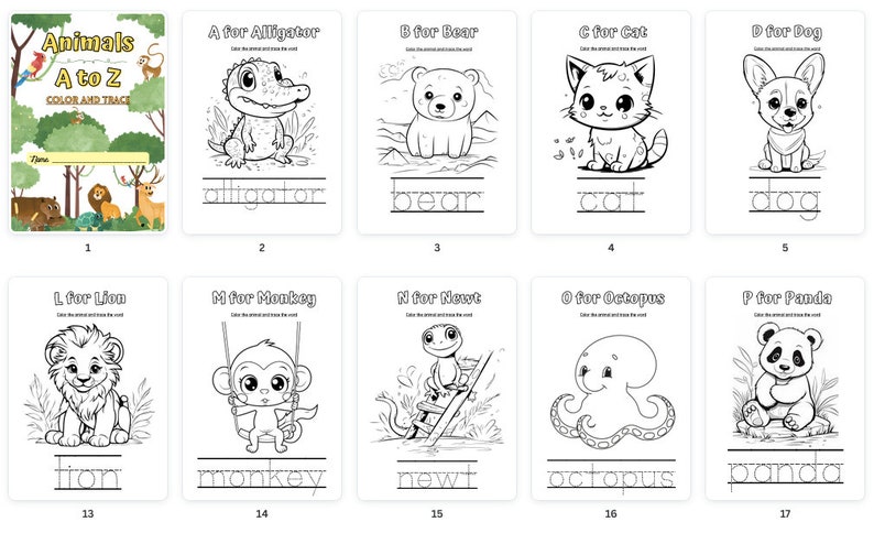 Kids Animals Color and Trace alphabet - Etsy