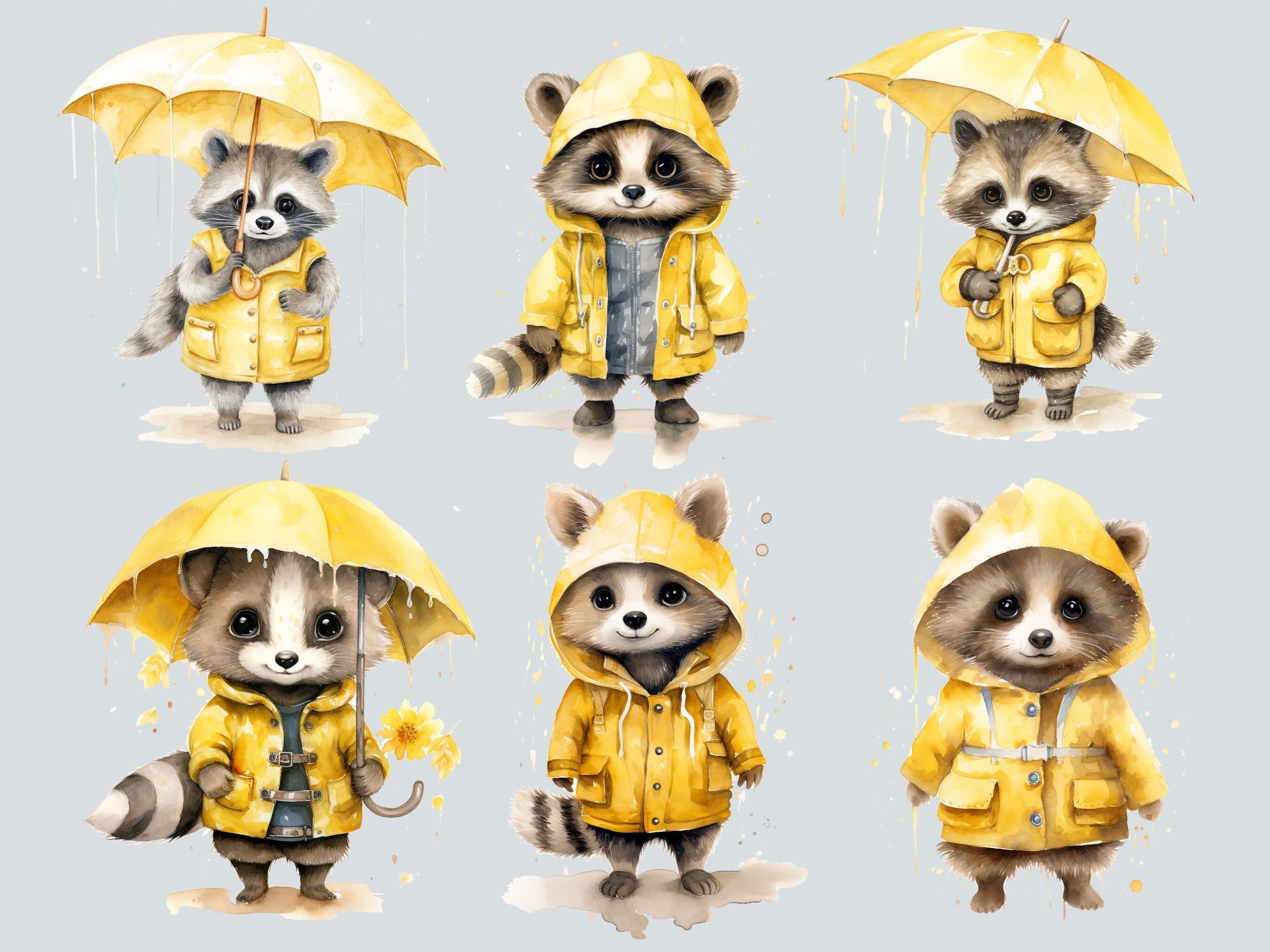 Raccoon in Raincoat Clipart, Animals in Raincoat, Rainy Raccoon Clipart ...
