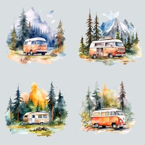 Adventure Campers Clipart, Watercolor Cute Caravan PNG Digital Clip Art ...