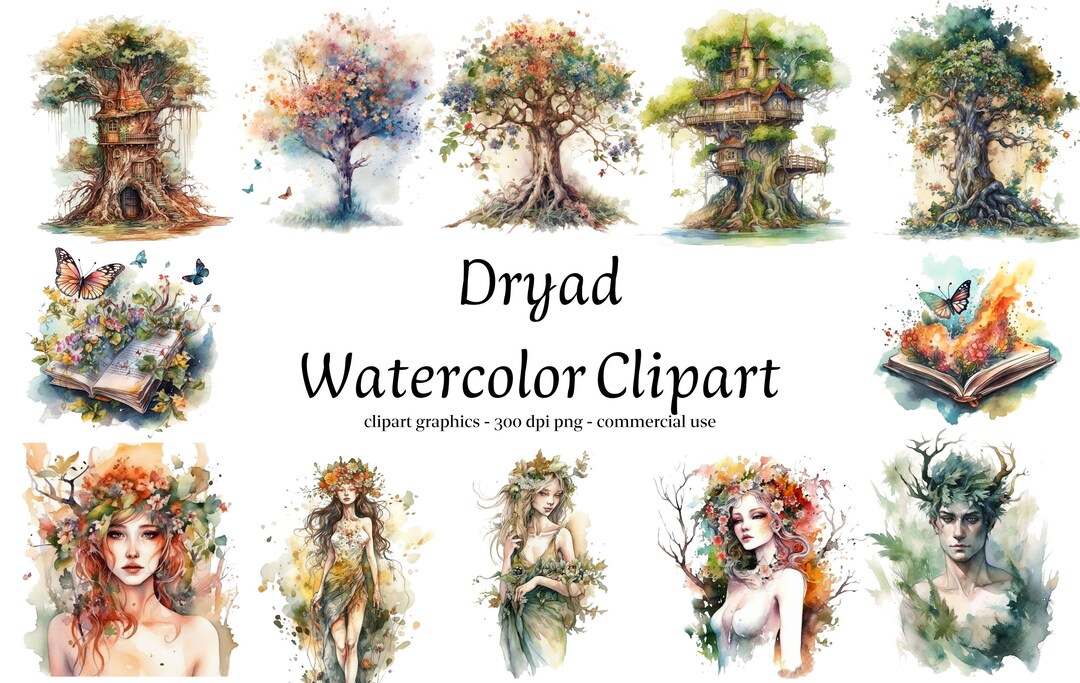 Watercolor Dryad Clipart - Forest Dryad Magic Tree and Book - Forest ...