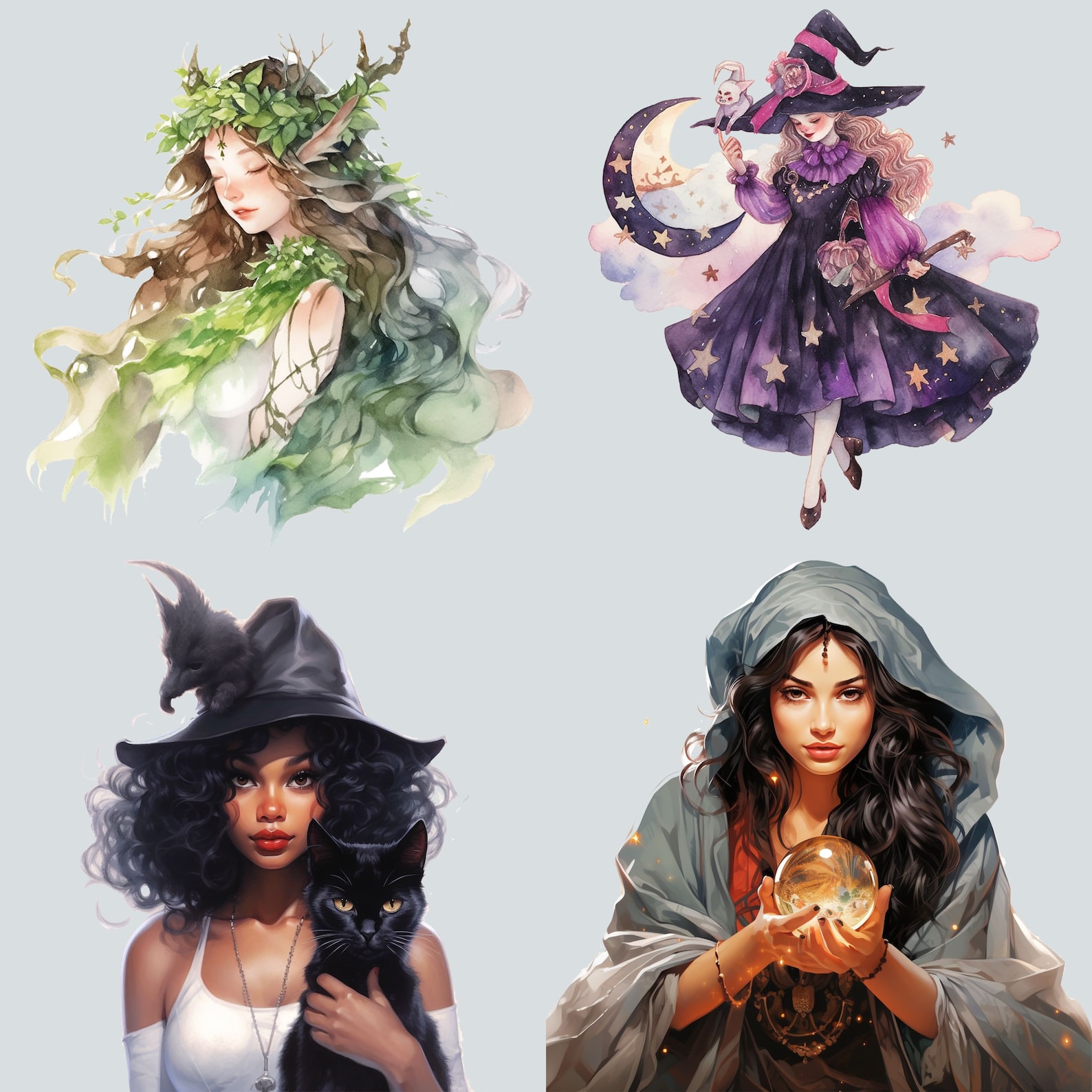 610 Halloween Witch Clipart, PNG, Full Commercial Use, Watercolor ...