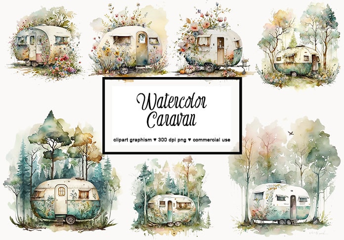 Adventure Camper Clipart Floral Caravan Clipart Forest Caravan - Etsy