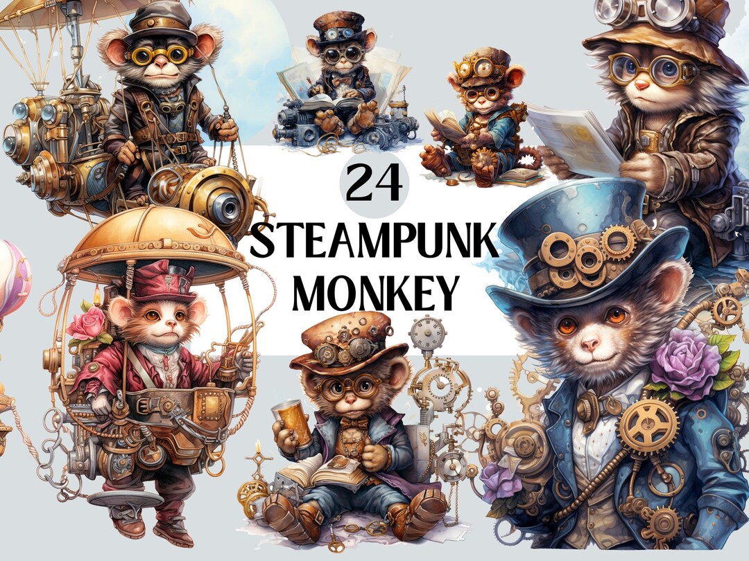 Steampunk Monkey Bundle, PNG Steampunk Cliparts, Junk Journal, Scrapbooking, Mechanical Animals ...