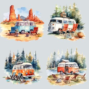 Adventure Campers Clipart, Watercolor Cute Caravan PNG Digital Clip Art ...