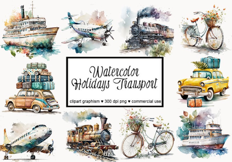 Holidays Transport Clipart Plane Clipart Floral Bike Clipart Taxi Train ...