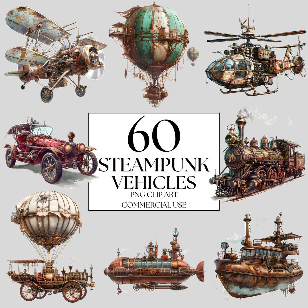 Steampunk Vehicles Clipart Bundle, Watercolor Steampunk Clipart Fantasy ...