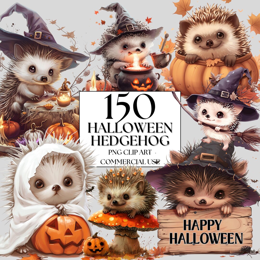 150 Halloween Hedgehog Clipart, Halloween Woodland Clipart, Cute ...