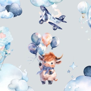 Highland Cow Baby Shower, Watercolor Clipart, Blue Baby Shower, Newborn ...