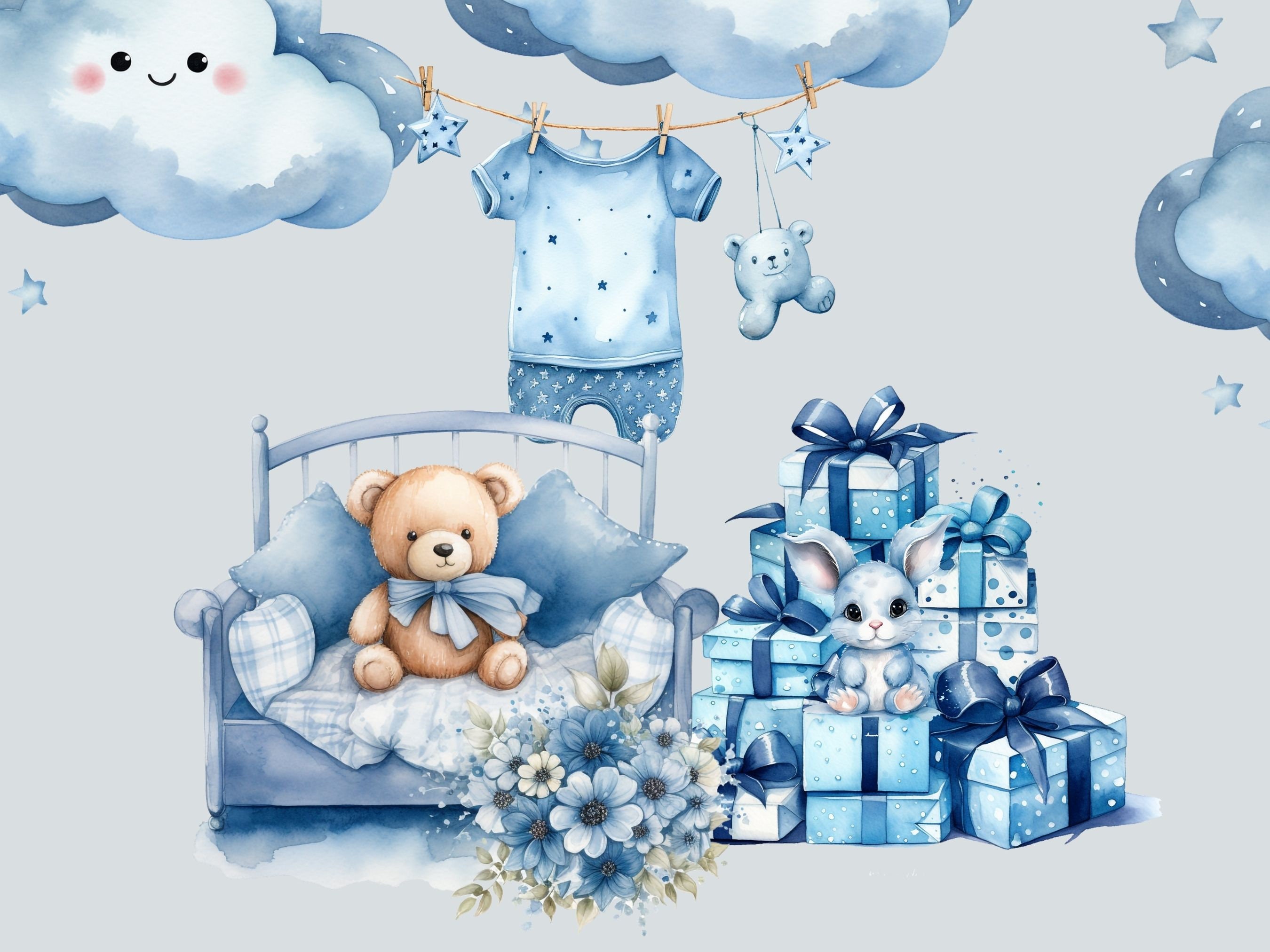Highland Cow Baby Shower, Watercolor Clipart, Blue Baby Shower, Newborn ...