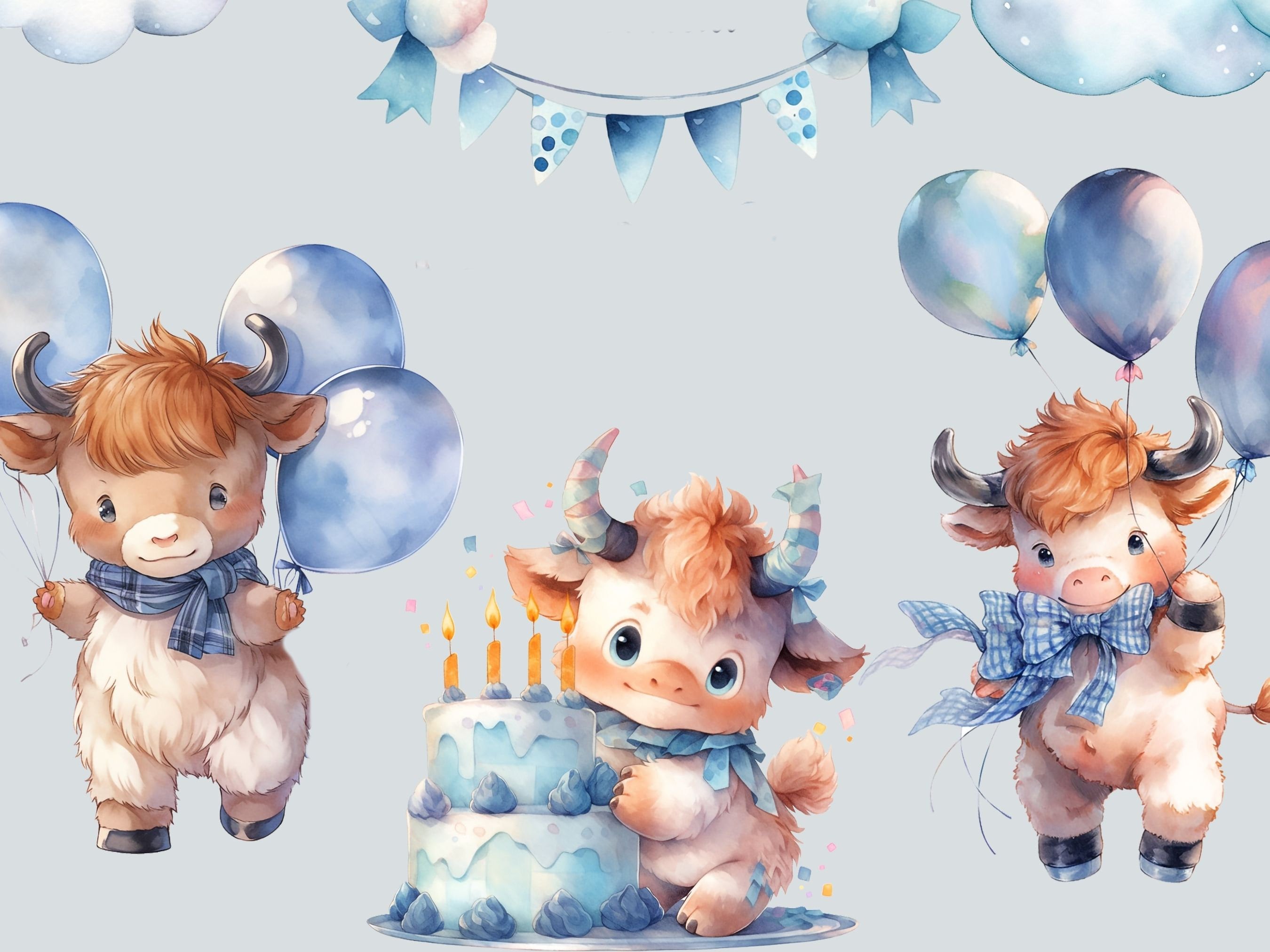 Highland Cow Baby Shower, Watercolor Clipart, Blue Baby Shower, Newborn ...