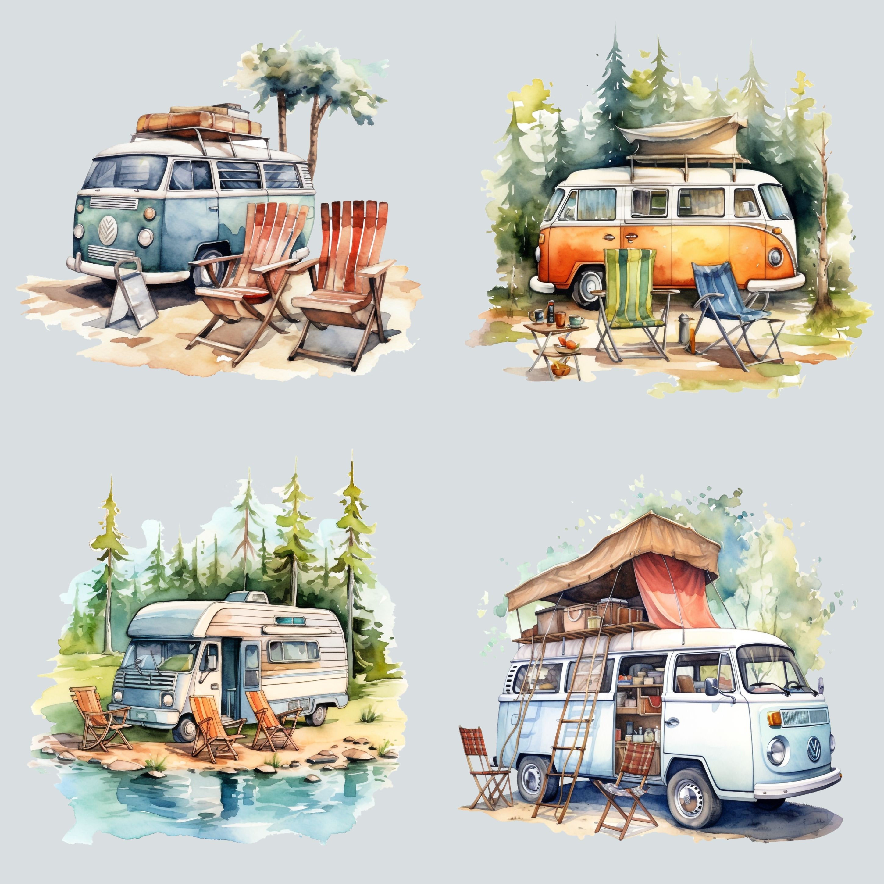 Adventure Campers Clipart, Watercolor Cute Caravan PNG Digital Clip Art ...