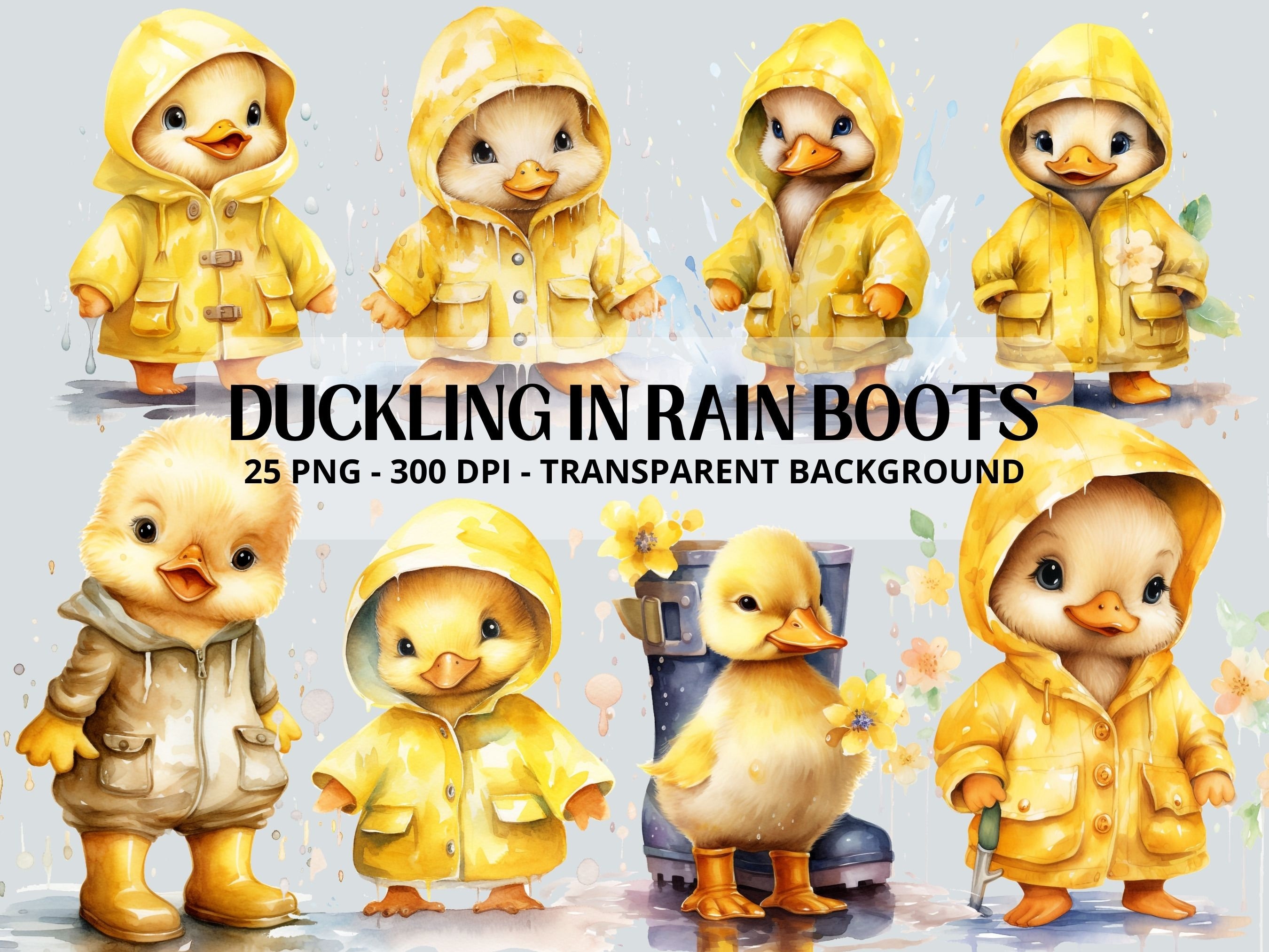 Cute Duckling Clipart Bundle: 25 Watercolor Duckling in Raincoat PNG ...