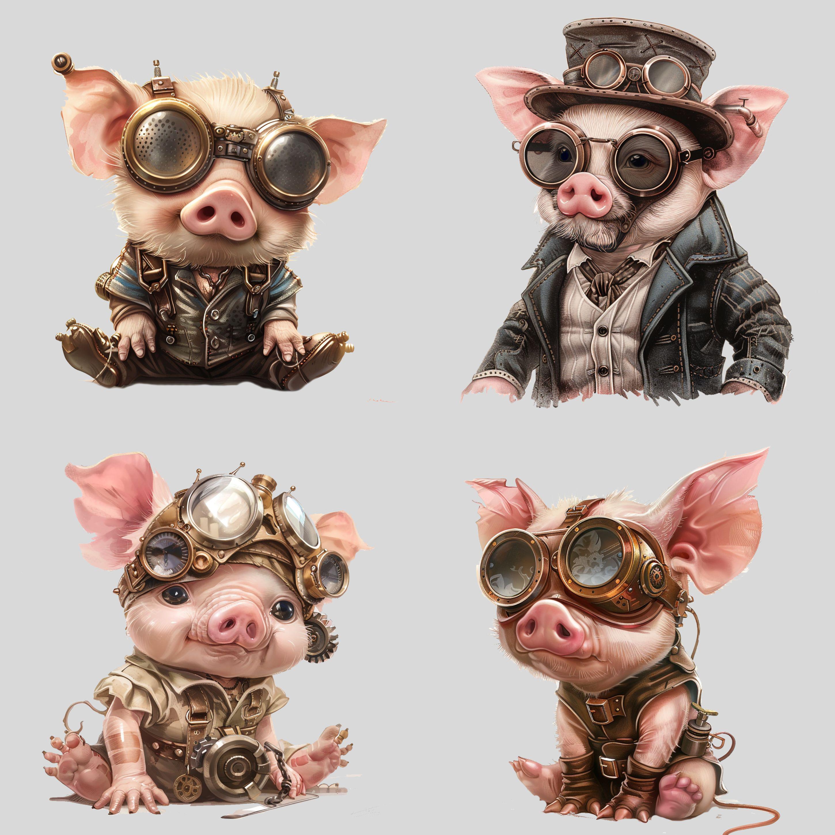 Steampunk Pigs Watercolor Clipart Bundle - 34 PNG Mechanical Pigglet ...