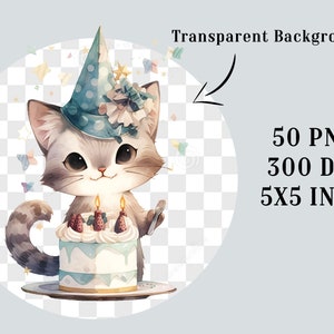 50 Watercolor Cat Clipart Bundle Birthday Cat PNG Cute Kitten, Party ...