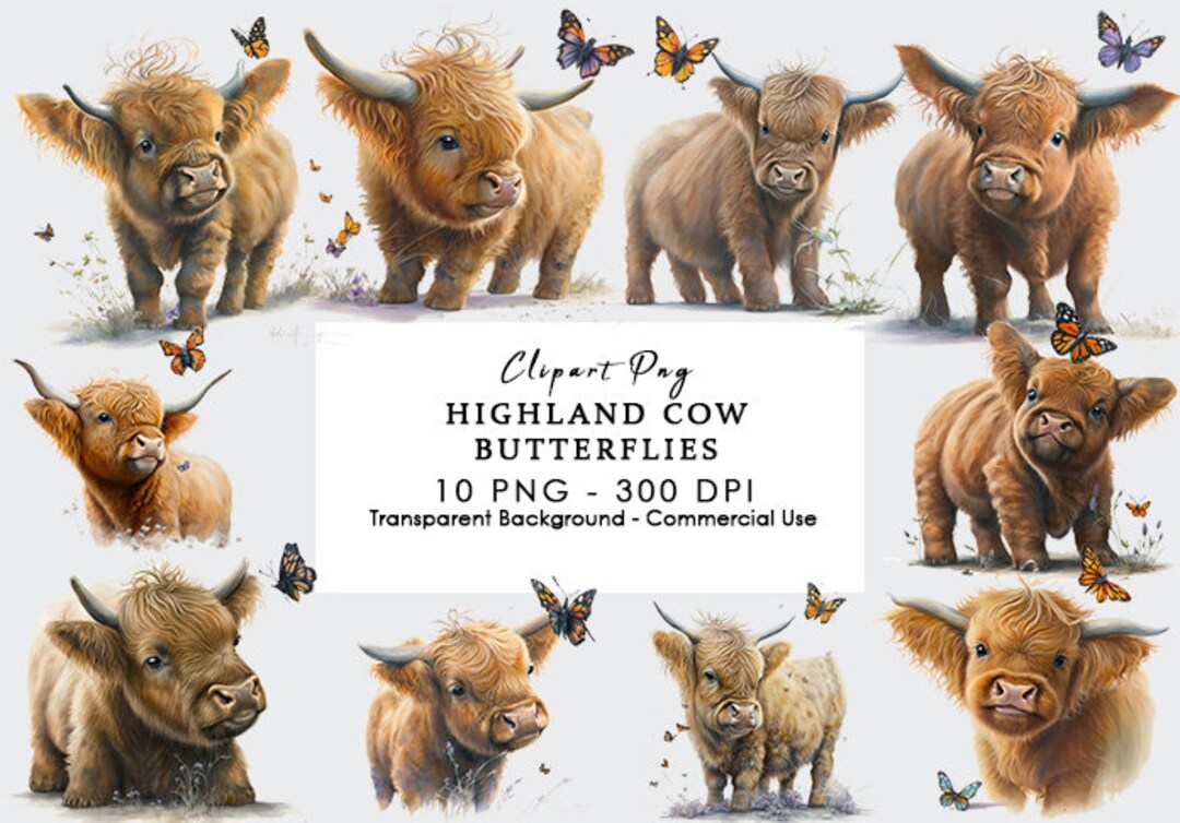 Highland Cow Butterfly Illustrations Pack of 10 PNG for Digital ...
