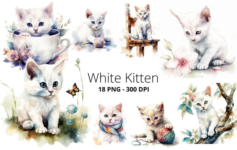 White Cat Clipart PNG Watercolor White Cat Clipart Digital - Etsy