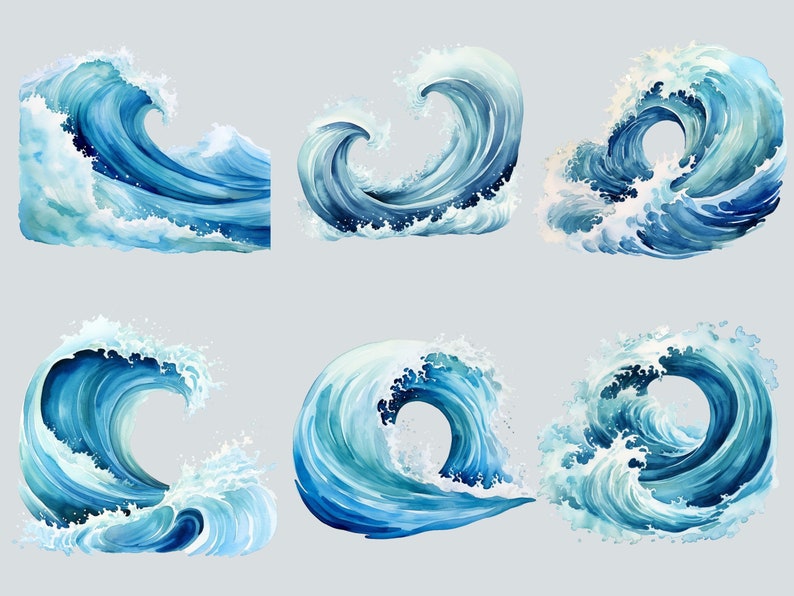 Tidal Waves Clipart Blue Sea Watercolor Ocean Wave Beach - Etsy