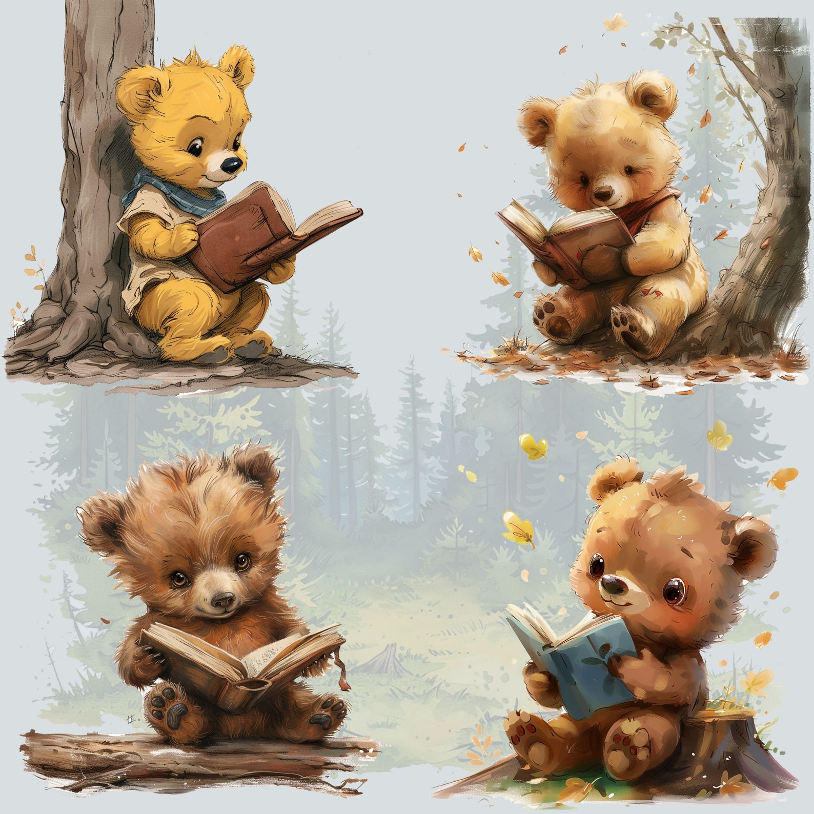 Book Lover Woodland Bear Clipart, Bear Reading, Woodland Animal Reading ...