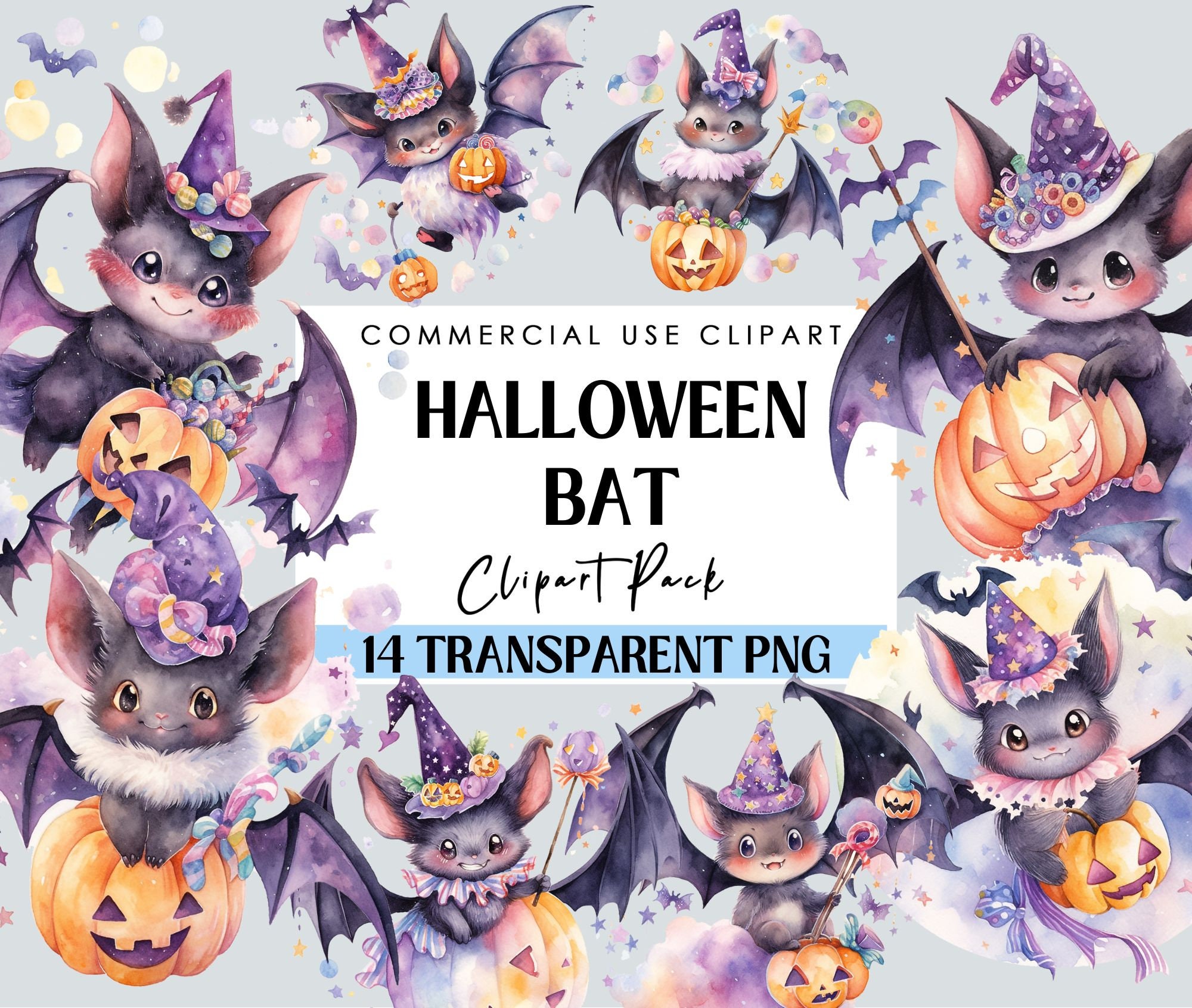 Cute Halloween Bat Clipart Halloween Pumpkin Bat Watercolor Clipart ...