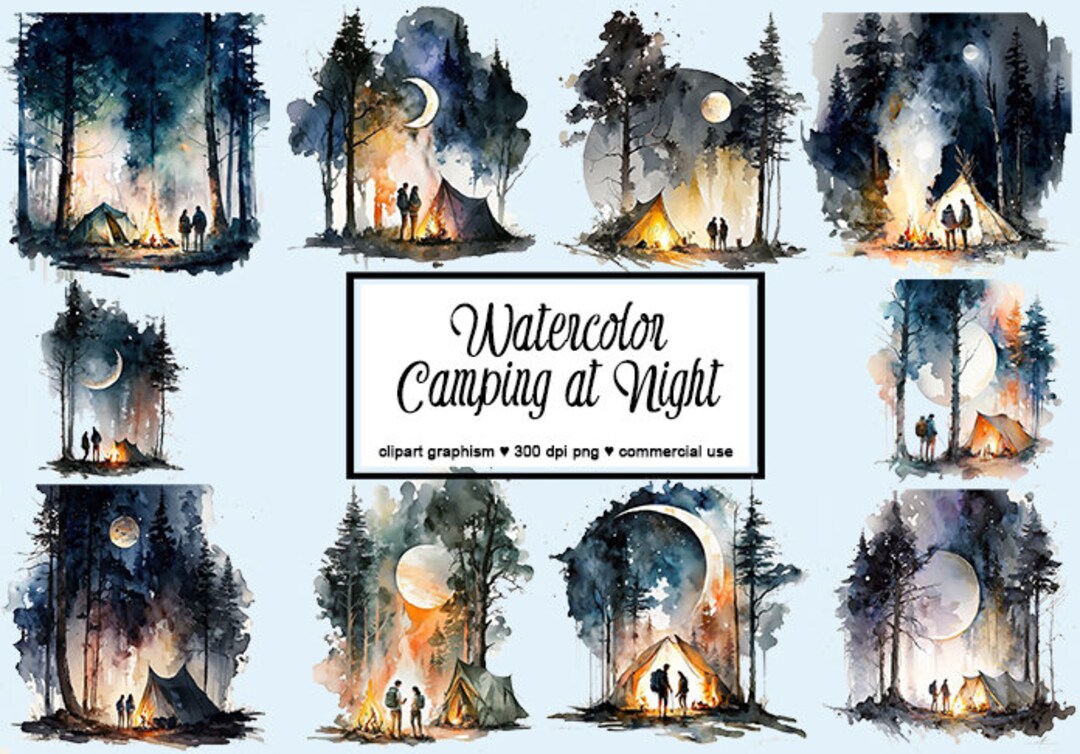 Watercolor Camping at Night Clipart Camping Clipart Forest Camper ...