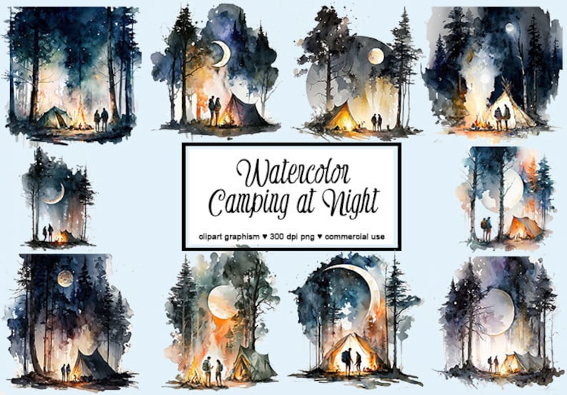 Watercolor Camping at Night Clipart Camping Clipart Forest - Etsy