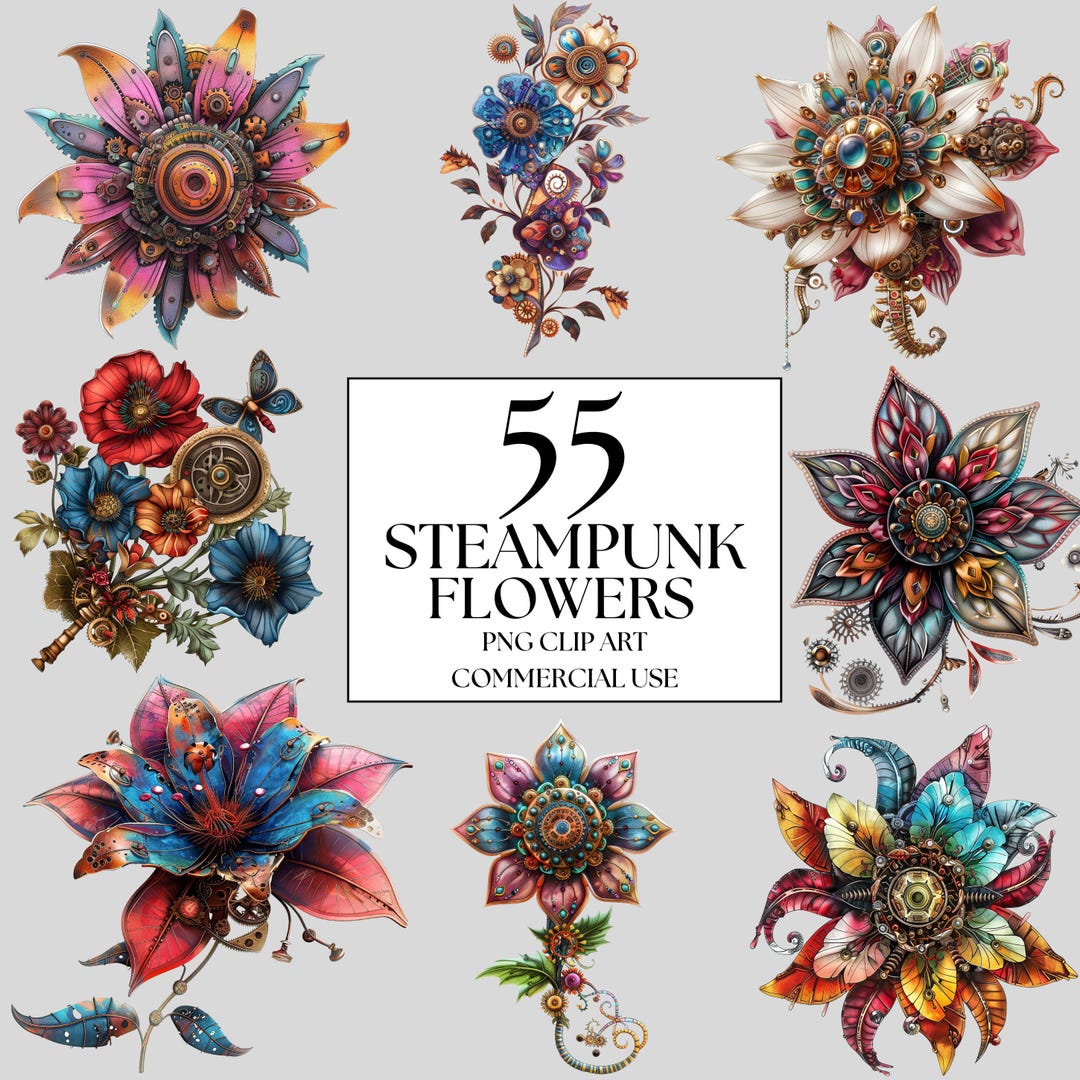 Steampunk Flowers Watercolor Clipart Bundle - 55 PNG Mechanical Floral ...