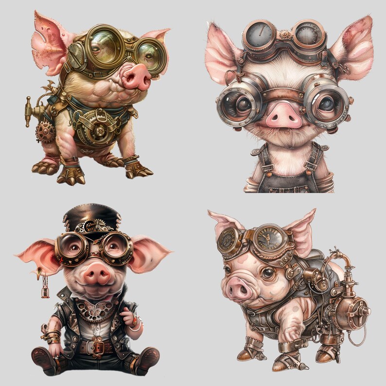 Steampunk Pigs Watercolor Clipart Bundle - 34 PNG Mechanical Pigglet ...