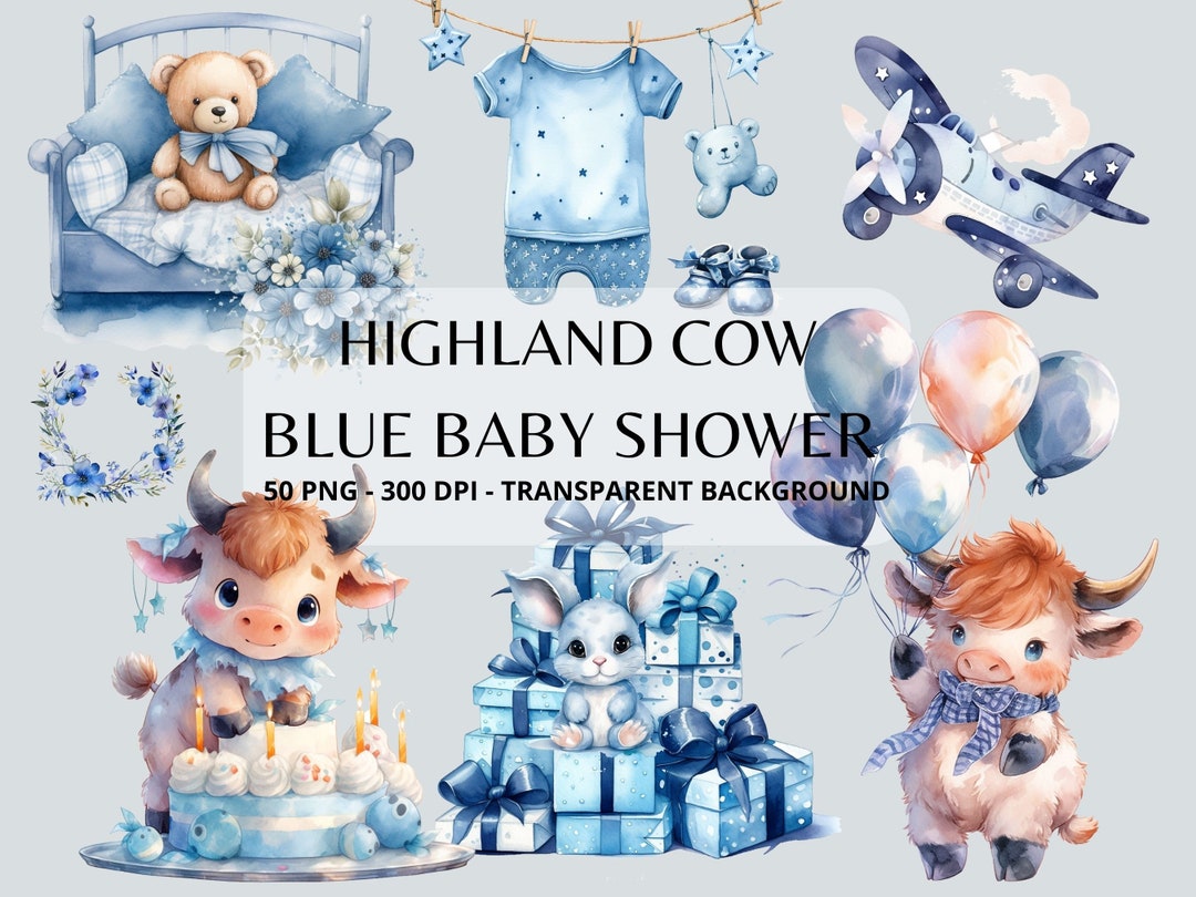 Highland Cow Baby Shower, Watercolor Clipart, Blue Baby Shower, Newborn ...