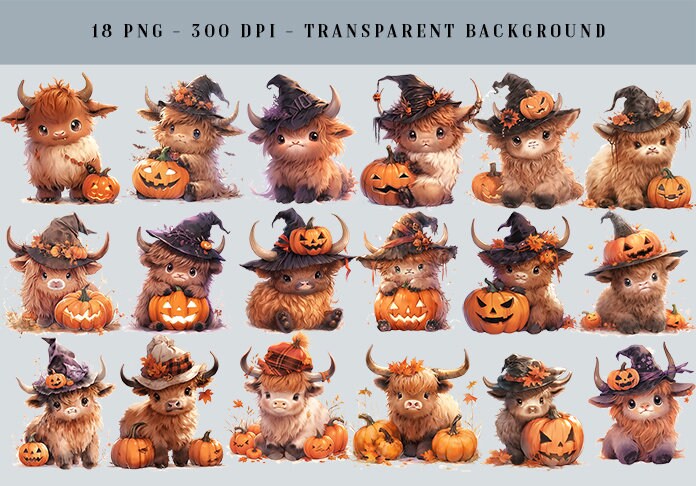 Halloween Highland Cow Clipart Witch Highland Cow PNG Baby Highland Cow ...