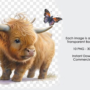 Highland Cow Butterfly Illustrations Pack of 10 PNG for Digital ...