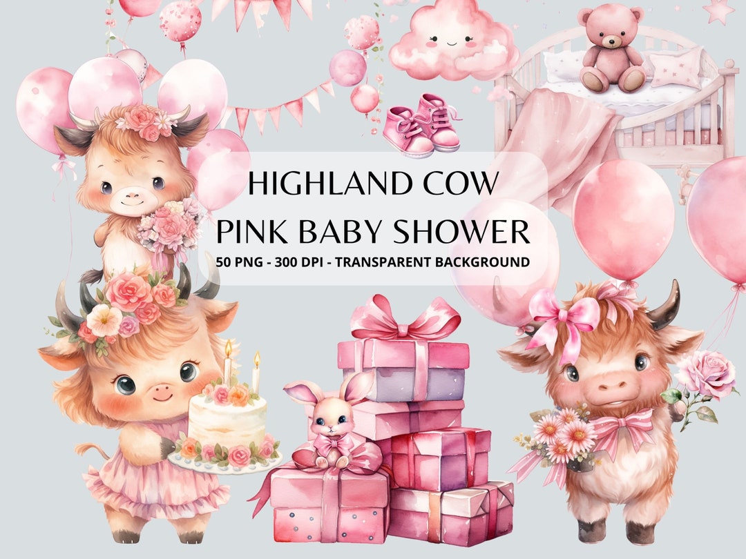 Highland Cow Baby Shower, Watercolor Clipart,pink Baby Shower, Newborn ...