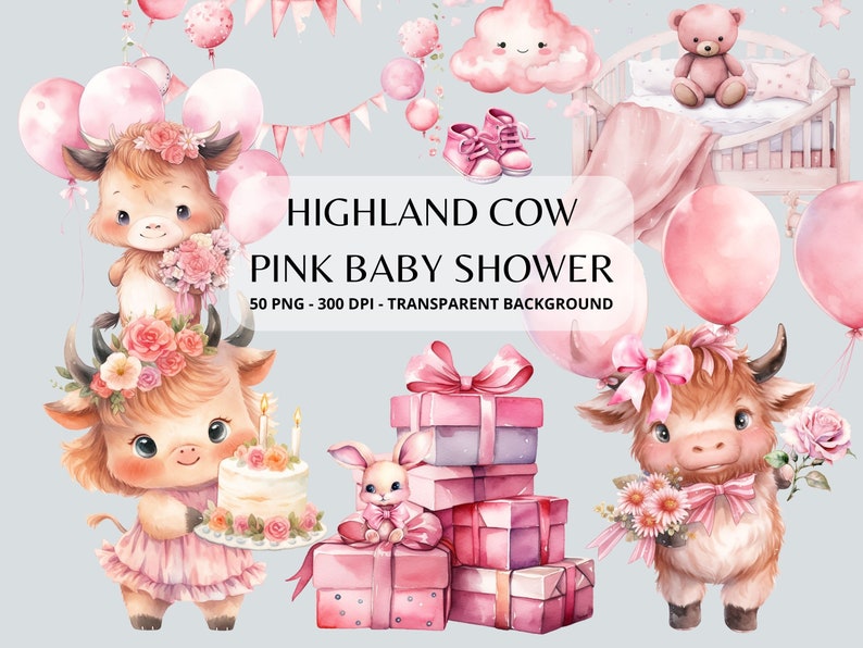 Highland Cow Baby Shower Watercolor Clipartpink Baby Shower - Etsy