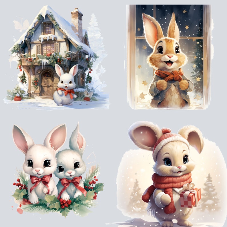 Christmas Bunny Clipart, Watercolor Christmas Rabbit PNG, Christmas ...