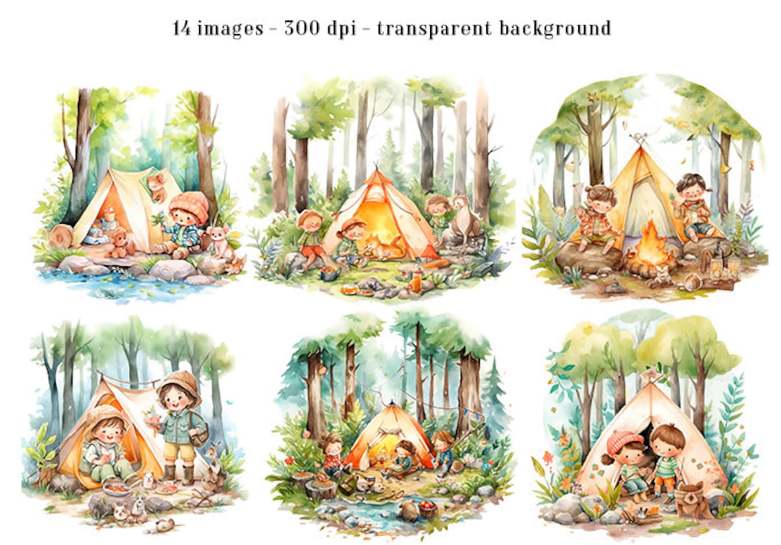 Kid Camping in the Woods Clipart Watercolor Kid Camping Clipart Camper ...
