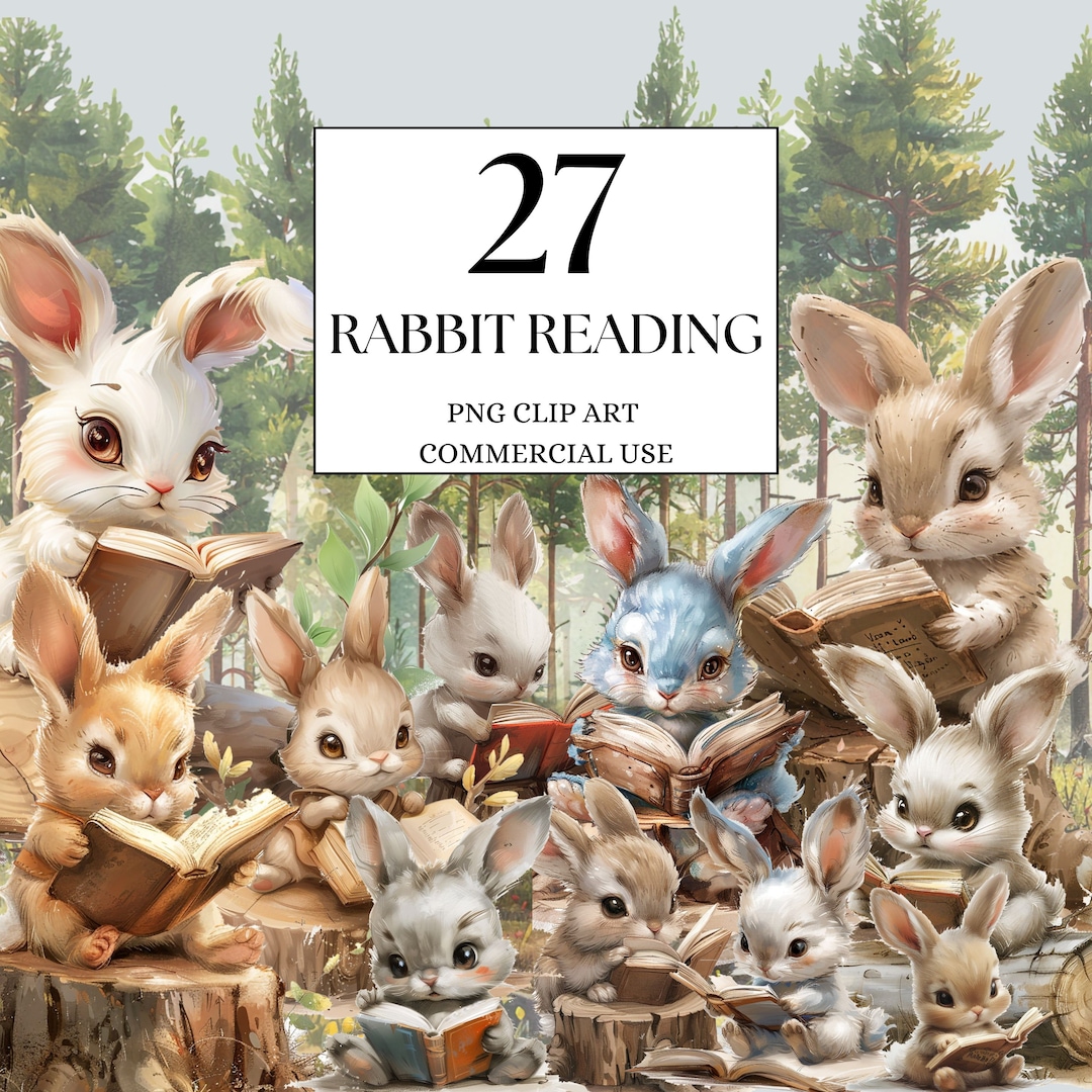 Woodland Rabbit Clipart, Enchanted Forest Clipart, Baby Rabbit Reading ...