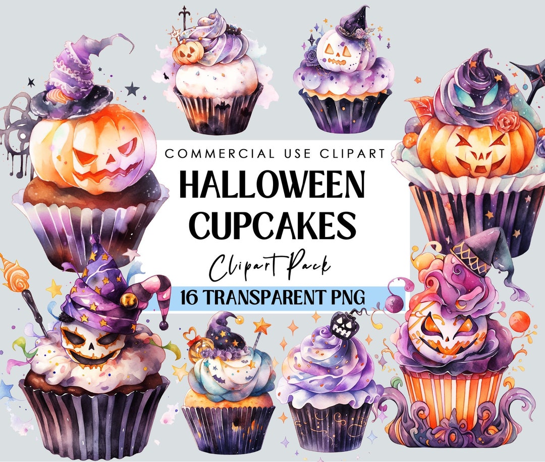 Halloween Cupcake Clipart Pumpkin Cupcake Watercolor Clipart Skull ...