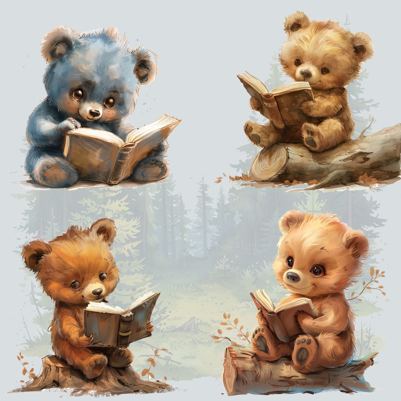 Book Lover Woodland Bear Clipart, Bear Reading, Woodland Animal Reading ...