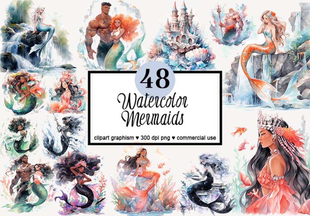 Mermaid Watercolor Clipart - 48 Magical Enchanting Fairy Illustrations ...