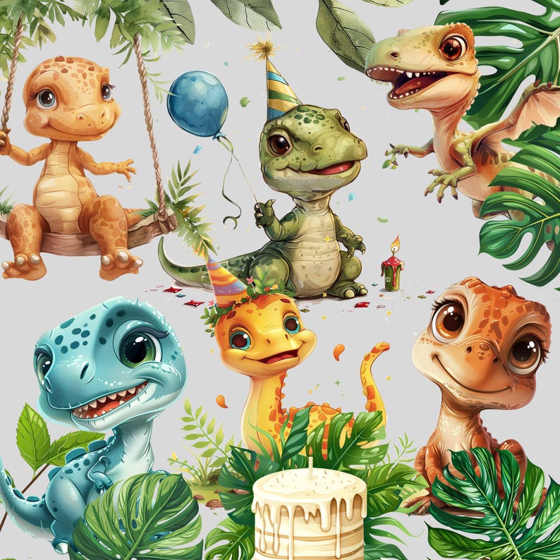 Watercolor Dinosaurs Clipart, Dino Theme Baby Party Printables, Cute ...